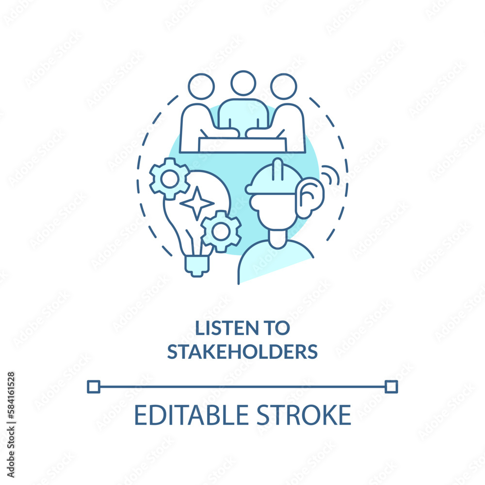 Listen to stakeholders turquoise concept icon. Supply chain. Disruption ...