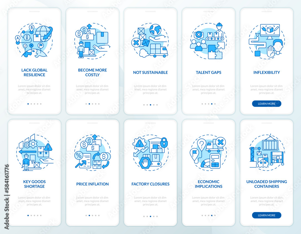 Supply Chain Disruptions Blue Onboarding Mobile App Screen Logistics Walkthrough 4 Steps