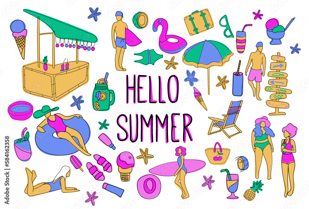 Set of cute summer icons food, drinks, tropical leaves, fruits ...