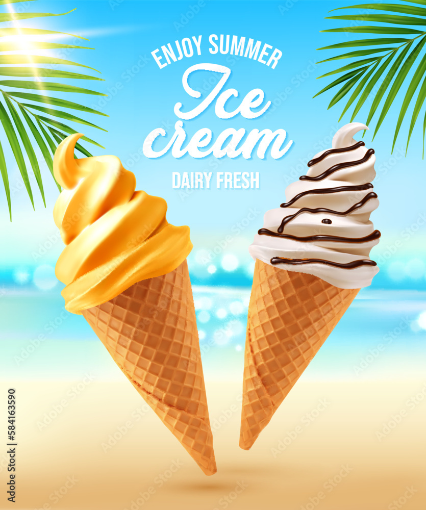 Realistic ice cream cones, summer beach dessert and tropical landscape ...