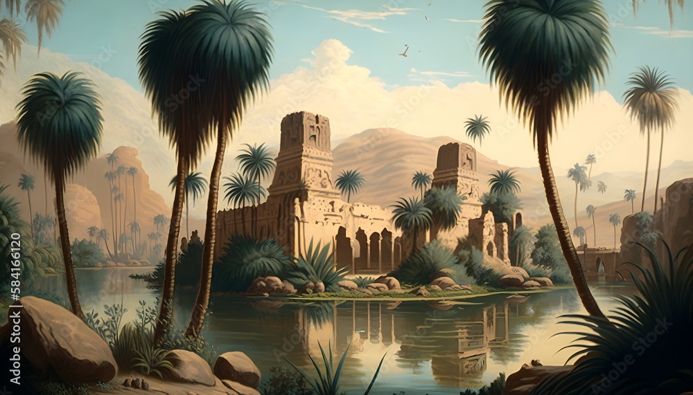 Vintage wallpaper - digital landscape painting of palms and trees on ...