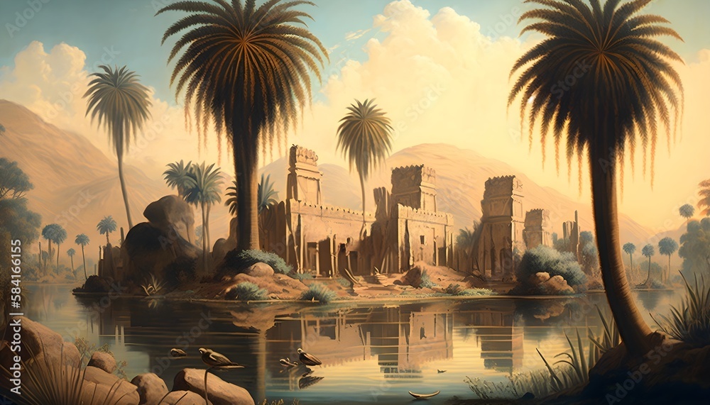 Vintage wallpaper - digital landscape painting of palms and trees on ...