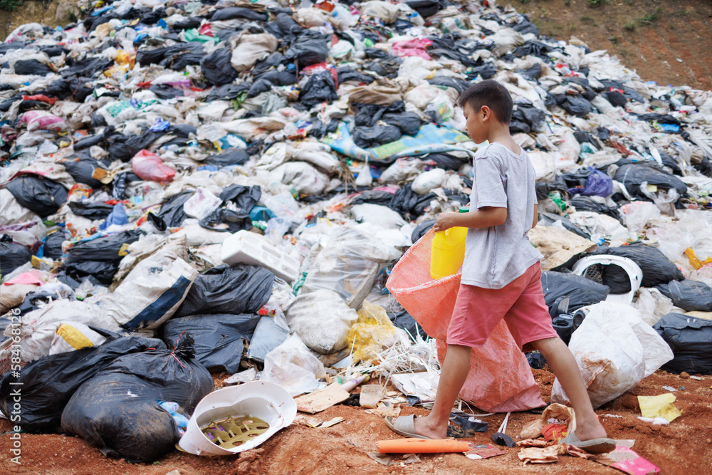 Poor children collect garbage for sale because of poverty, Junk recycle ...