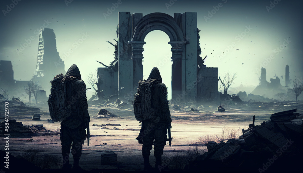 The back view of two soldiers standing in a devastated city. Dystopia ...