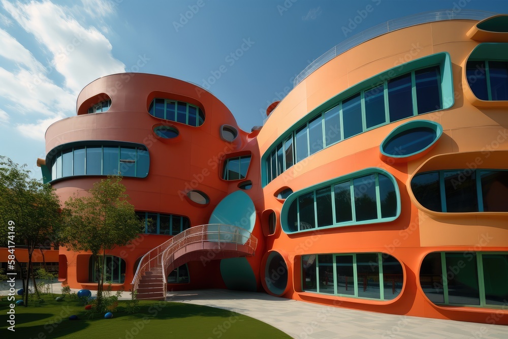 modern, futuristic-style kindergarten exterior, designed to blend into ...
