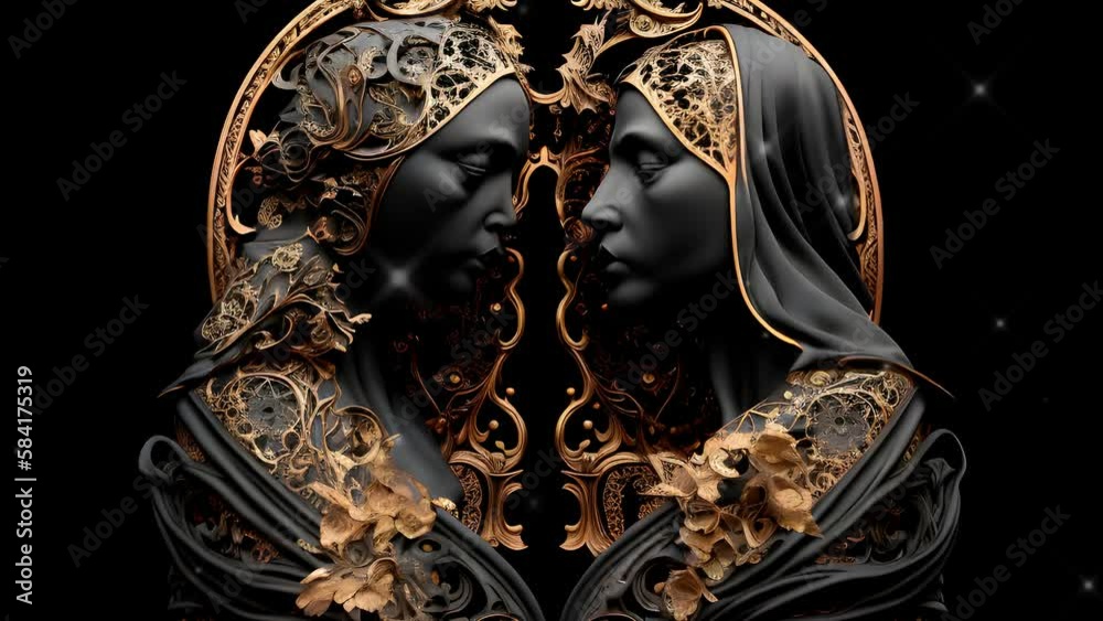 the image of a portrait of gemini, a zodiac sign, gold and black ...