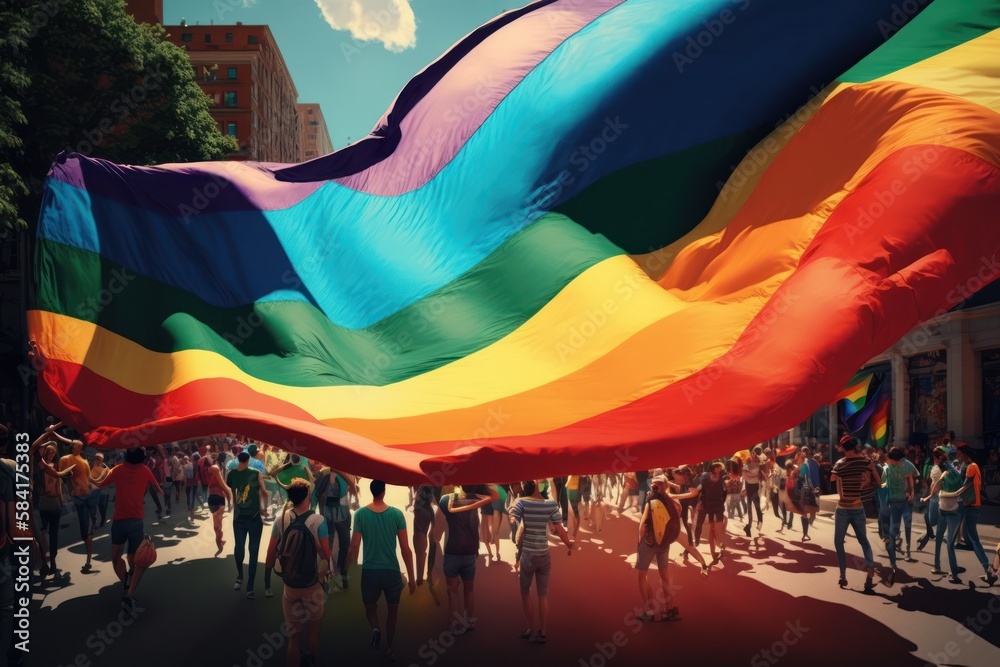 Rainbow colors flag waving over people crowd. LGBT Gay pride concept ...