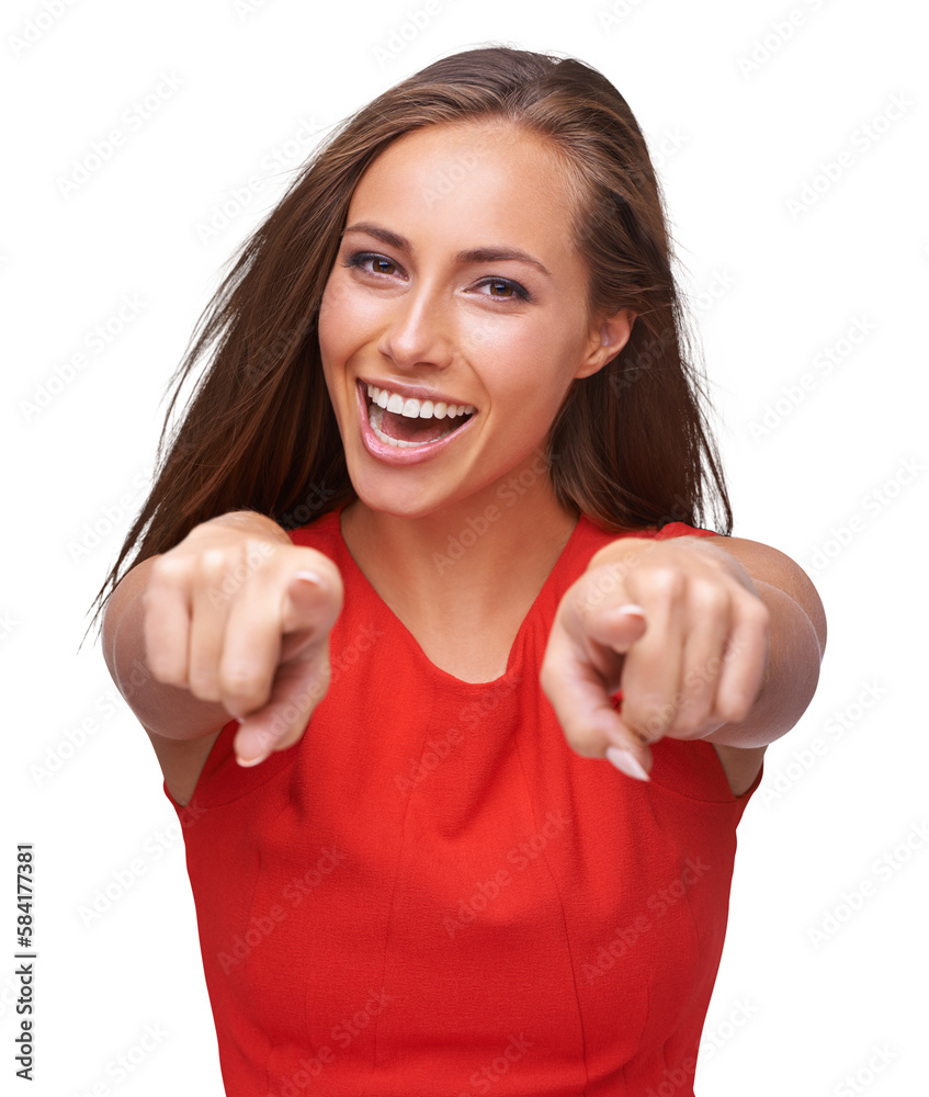 Choice, portrait and smile of a woman pointing at you for ...