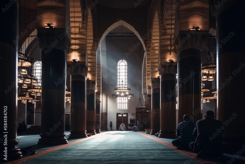 Islamic mosque realistic illustration with huge ceiling rose lights ...