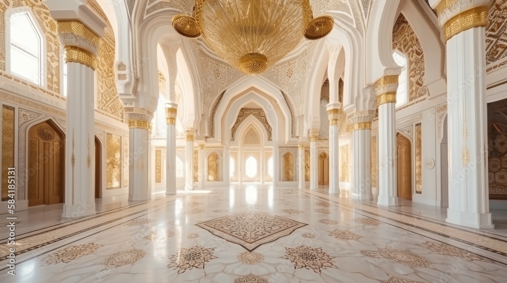 Luxurious Islamic Mosque Interior with High Ceiling and Elegant White ...