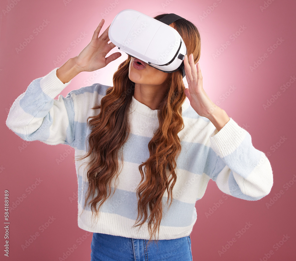 VR, metaverse and innovation with a woman using a headset to access the ...