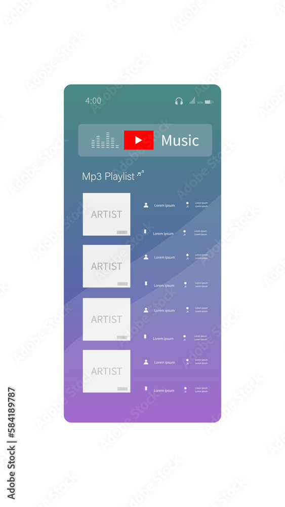 Music player interface with artist picture, loading bar, sound wave ...