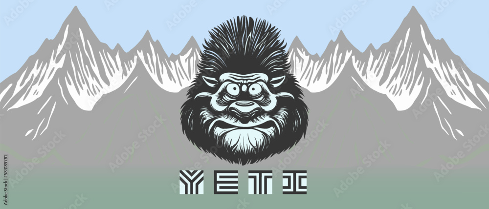Vector funny scary hairy yeti head with big nose and bulging eyes. A ...