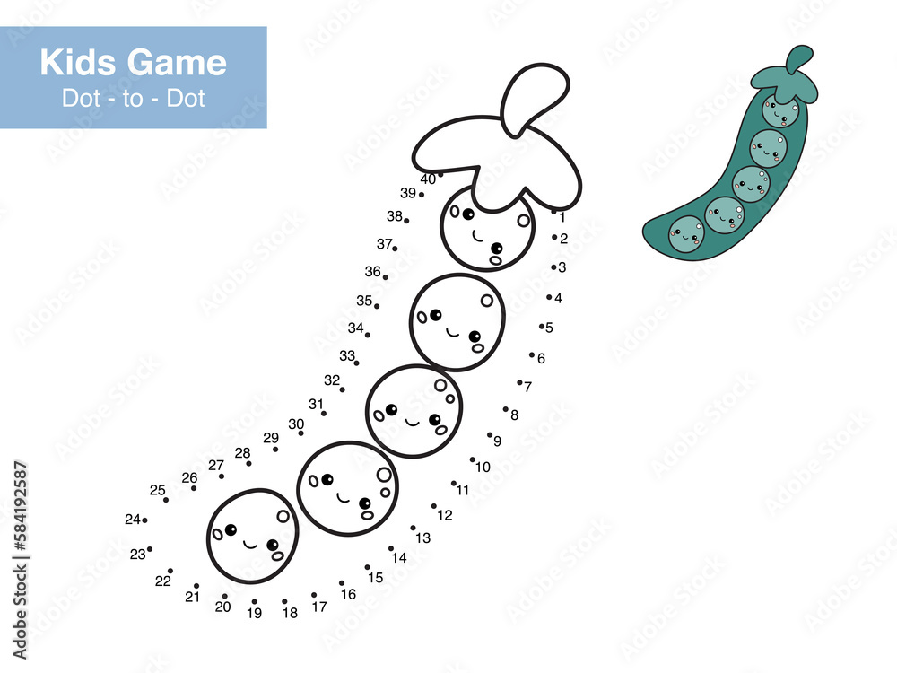Number puzzle game. Dot to dot. Cute kawaii peas with funny faces ...