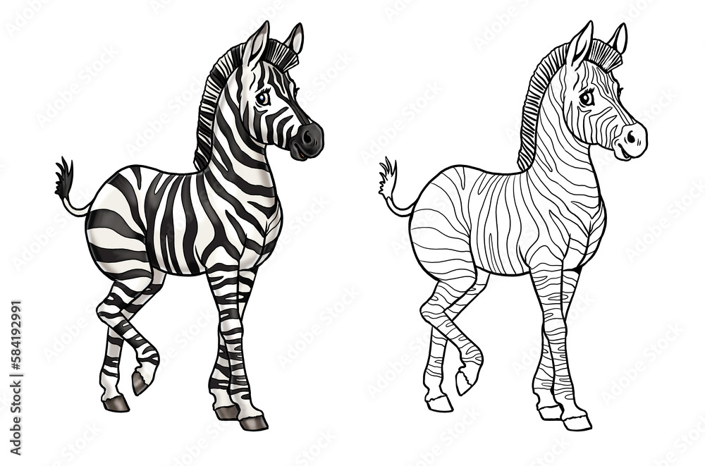 Cute zebra for coloring. Template for a coloring book with funny ...