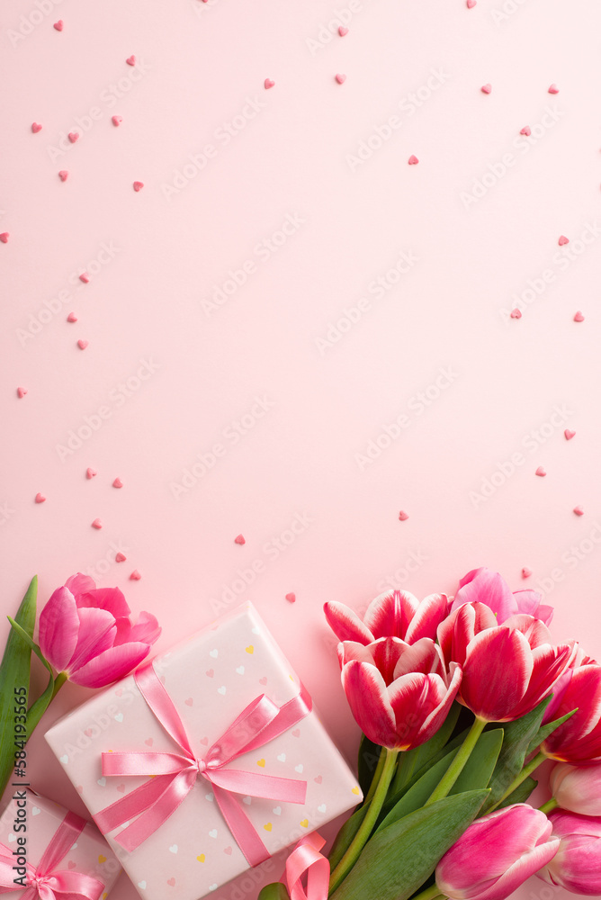 Mother's Day mood concept. Top view vertical photo of pink tulips ...