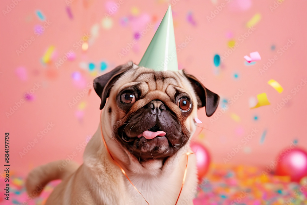 Happy pug dog with birthday party hat in front of pink background with ...