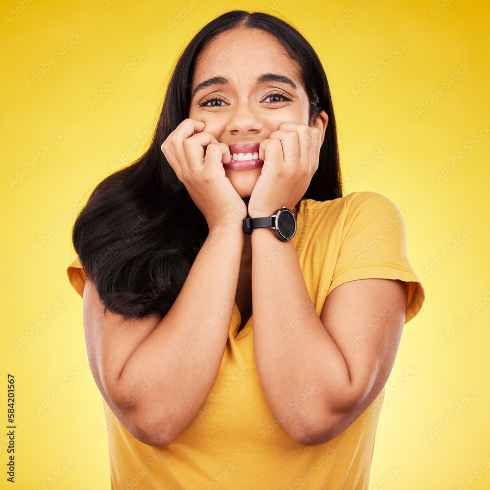 Nervous, fear portrait and woman in a studio with stress and anxiety ...