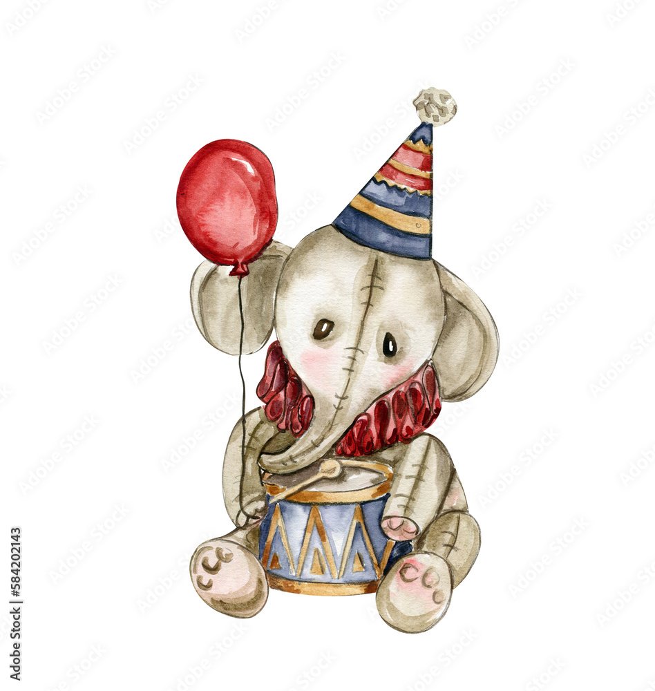 Watercolor hand drawn circus elephant vintage style. A drawing of an ...