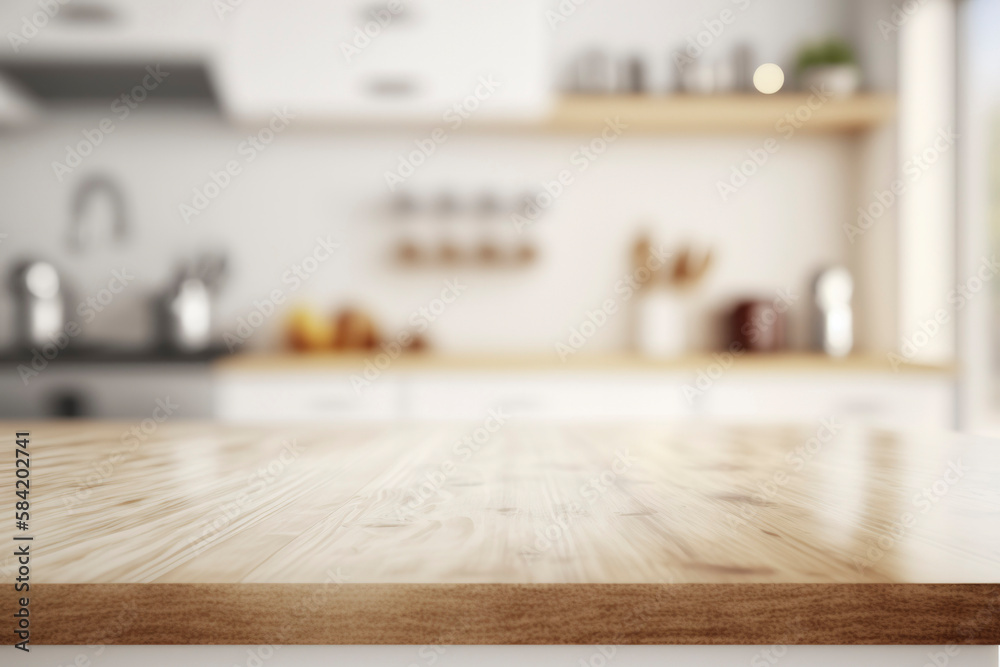 Empty Beautiful wood table top and blur bokeh modern kitchen interior ...