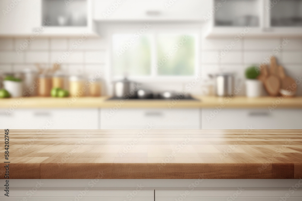 Empty Beautiful wood table top and blur bokeh modern kitchen interior ...
