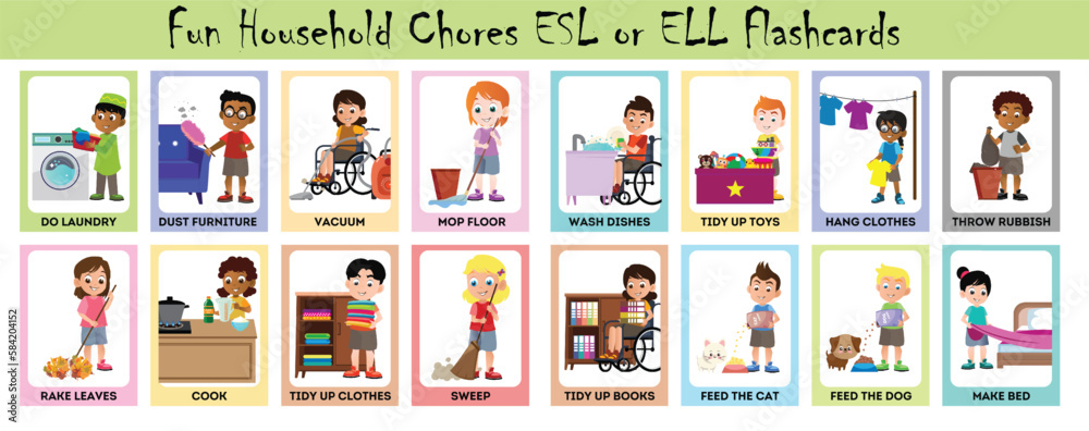 Fun Household Chores ESL or ELL Flashcards, Kids learning Content, Kids ...