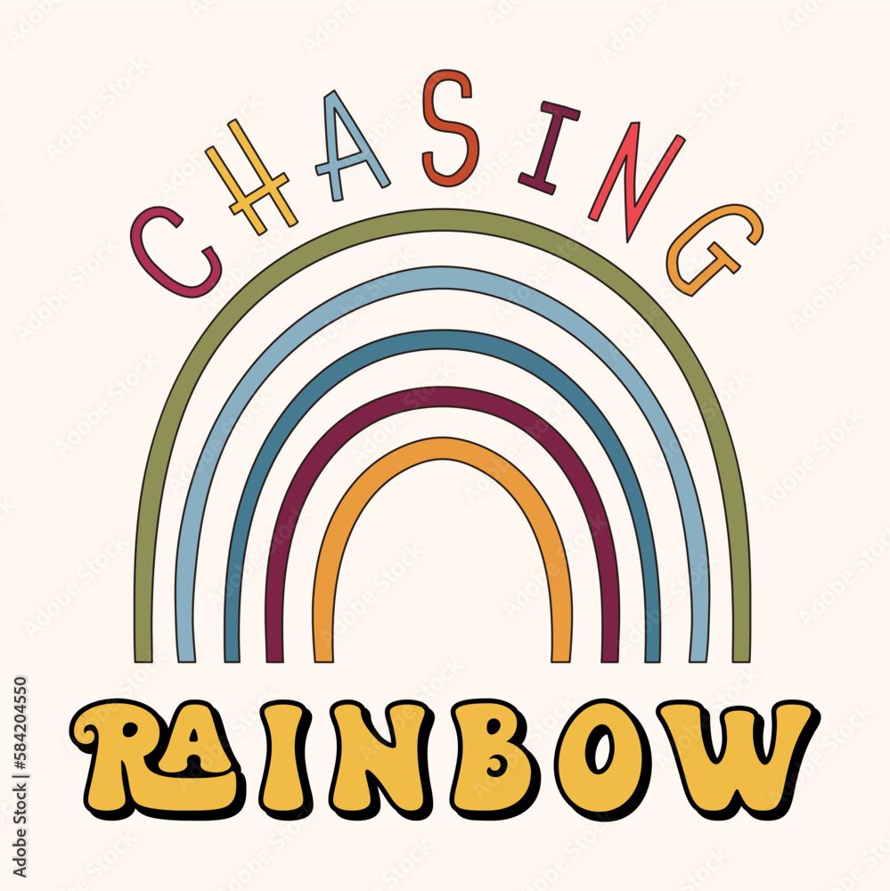 Groovy 70s retro floral composition with quote chasing rainbow, hand ...