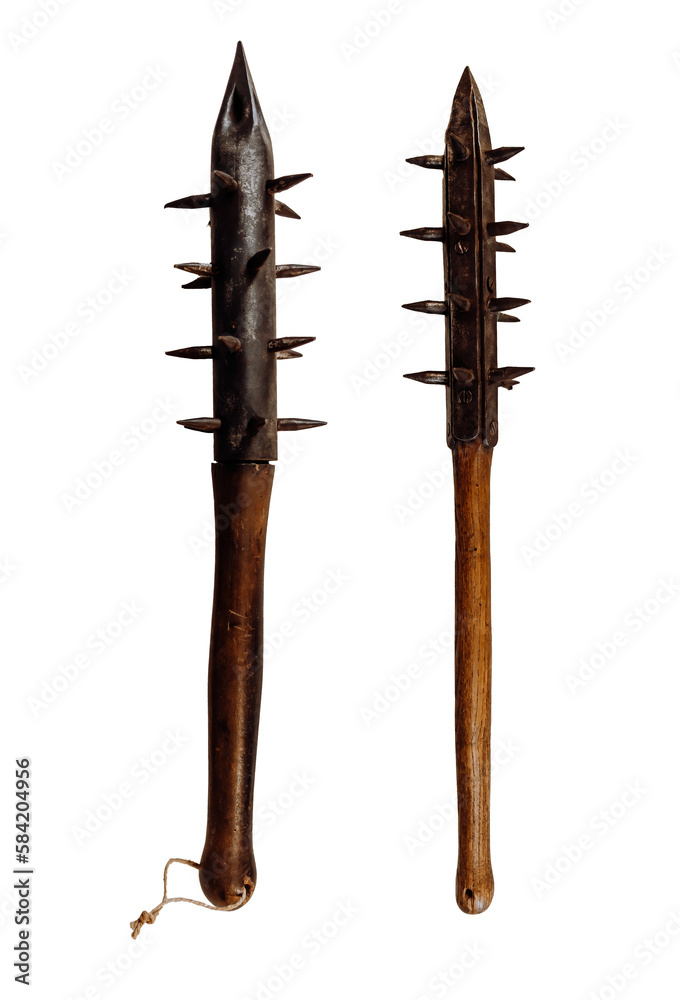 Mace weapon of wood with metal spikes on an isolated transparent ...