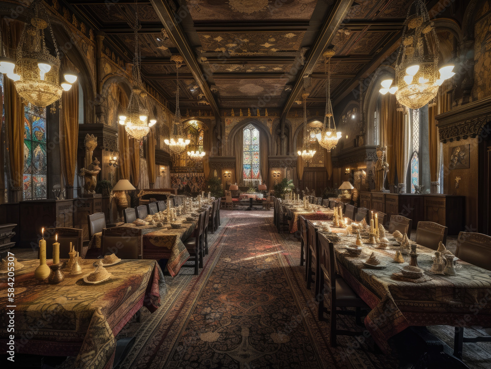 Medieval banquet hall with rich decor and chandeliers. (Generative AI ...