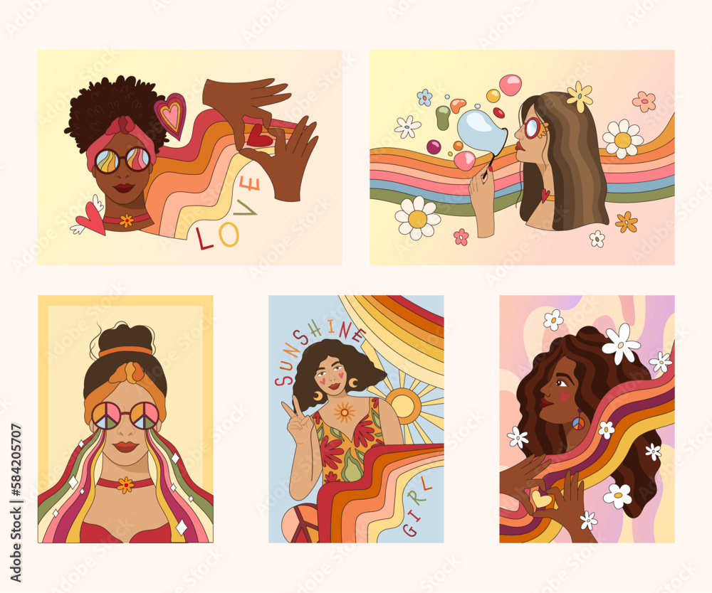 Retro girl stylized portrait, 70s hippie groovy woman face different ...