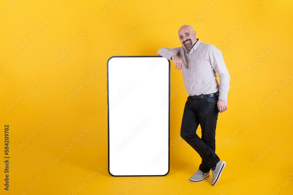 Mobile app advertisement, man leaning big smartphone for mobile app ...