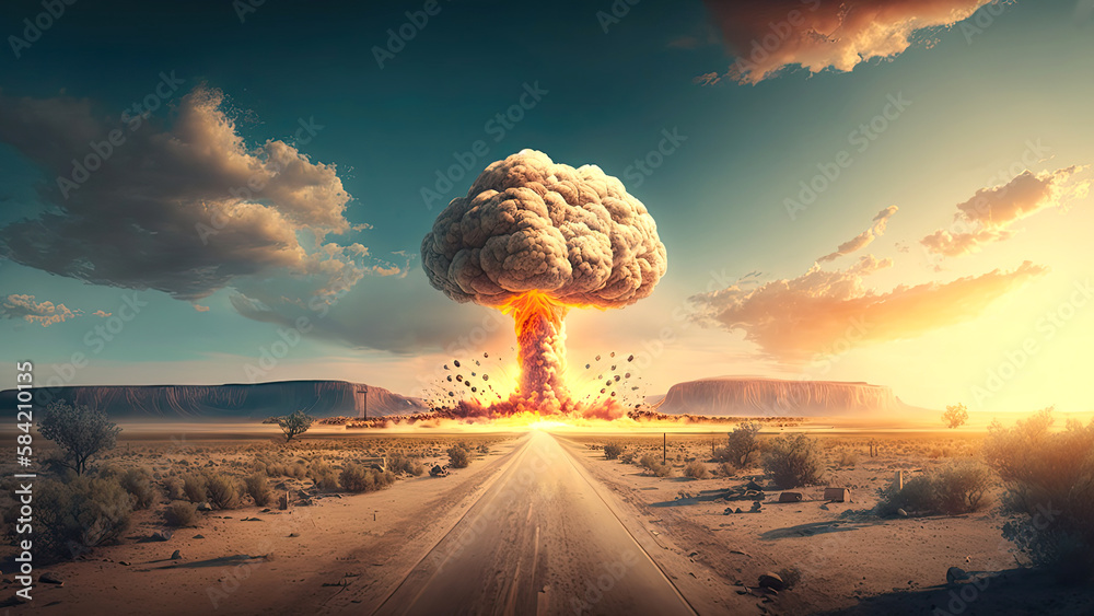 Destroyed world, nuclear explosion with fire burning, ai-generative ...