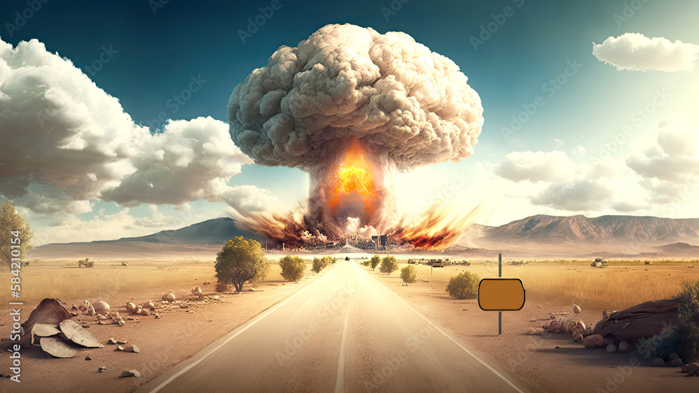 Destroyed world, nuclear explosion with fire burning, ai-generative ...