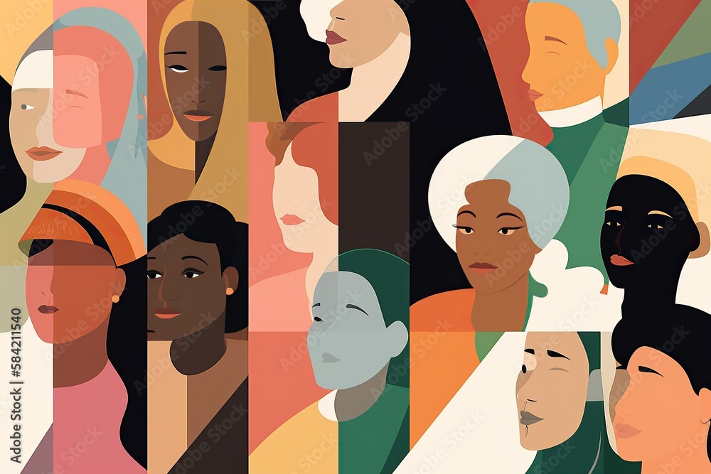 mix of flat minimal portrait of a group of people, inclusion amd ...