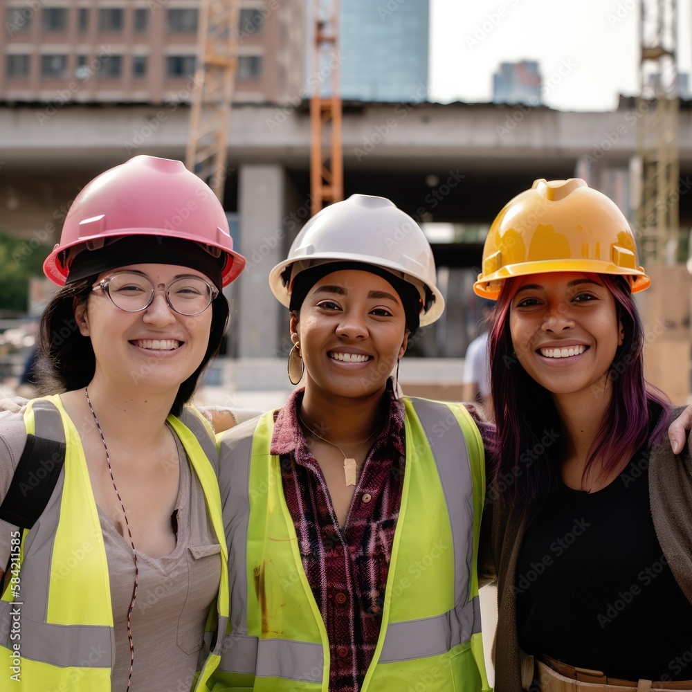smiling young women workers wearing protective helmet, at work on a ...