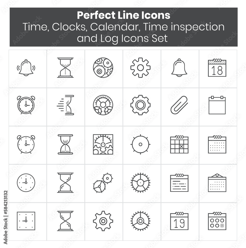 .Time, Clocks, Calendar, Time inspection and Log Icons Set Stock Vector ...