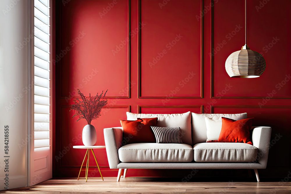 Modern minimalist red living room with sofa as interior design concept ...