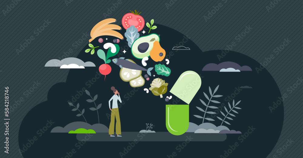 Functional foods with vitamin rich products in capsule tiny person ...