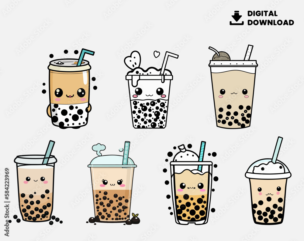 This vector file is a cute Bubble Tea SVG cut file, featuring a kawaii ...