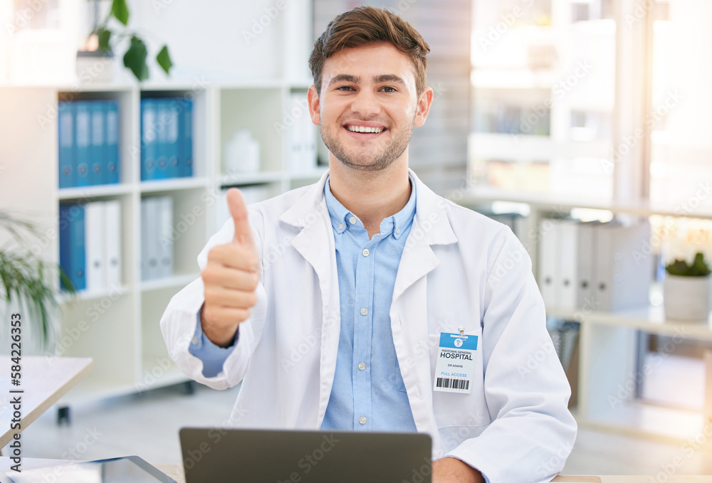 Thumbs up, doctor and portrait of man in hospital office with laptop ...