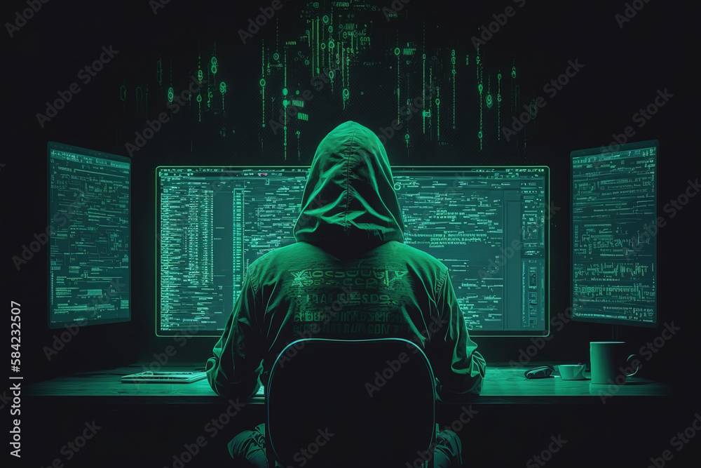 Back view of fraud hacker seating at desk with triple monitor setup ...