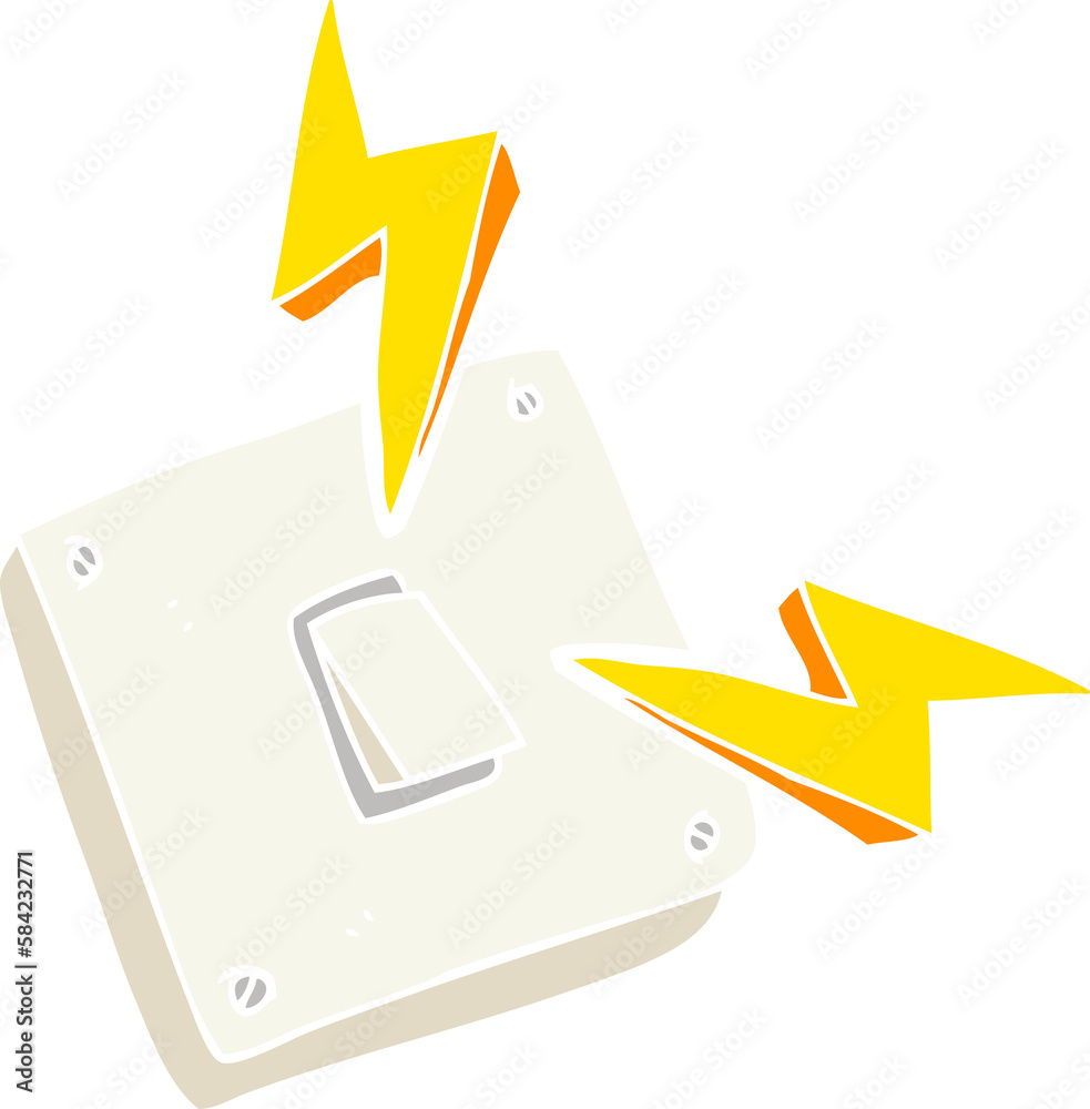 flat color illustration of a cartoon sparking electric light switch ...