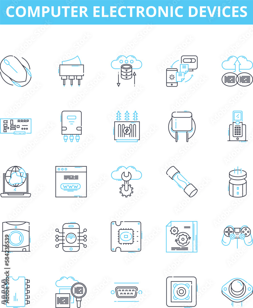 Computer electronic devices vector line icons set. Laptop, Desktop ...