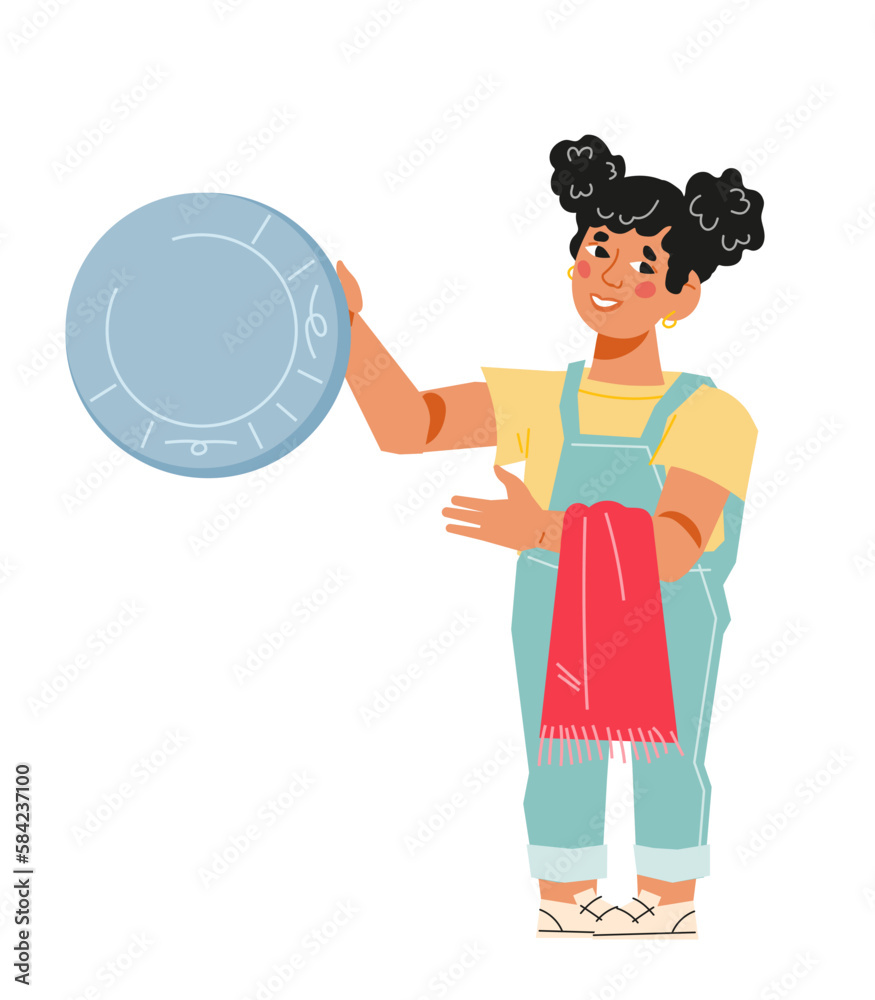 Girl helps her parents around the house and washes the dishes, flat ...