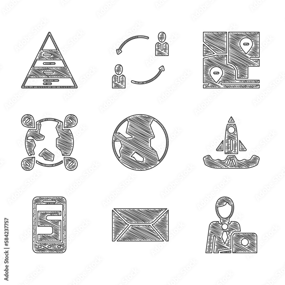 Set Earth globe, Envelope, Businessman, Rocket, Chat messages on phone ...