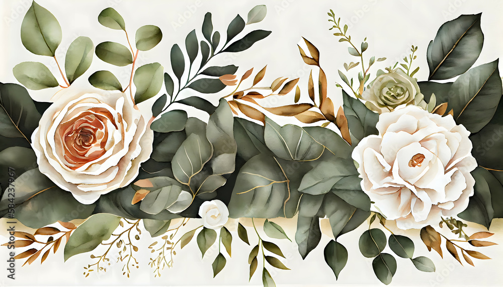 Watercolor seamless border of garden flowers, border illustration with ...
