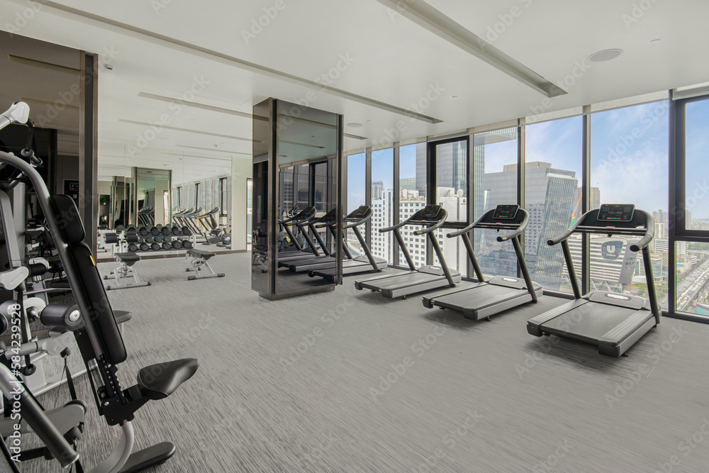 Modern gym interior with sport and fitness equipment overlooking ...