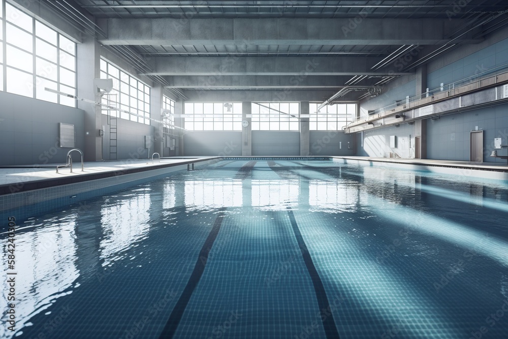 An empty Olympic-size swimming pool, viewed from the deep end. The ...
