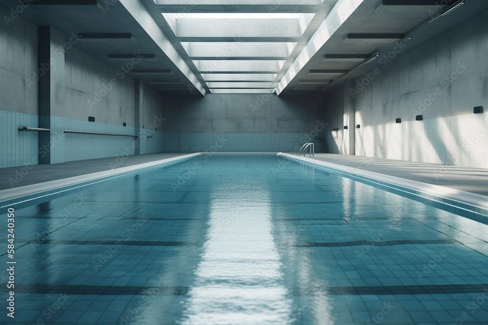 An empty Olympic-size swimming pool, viewed from the deep end. The ...