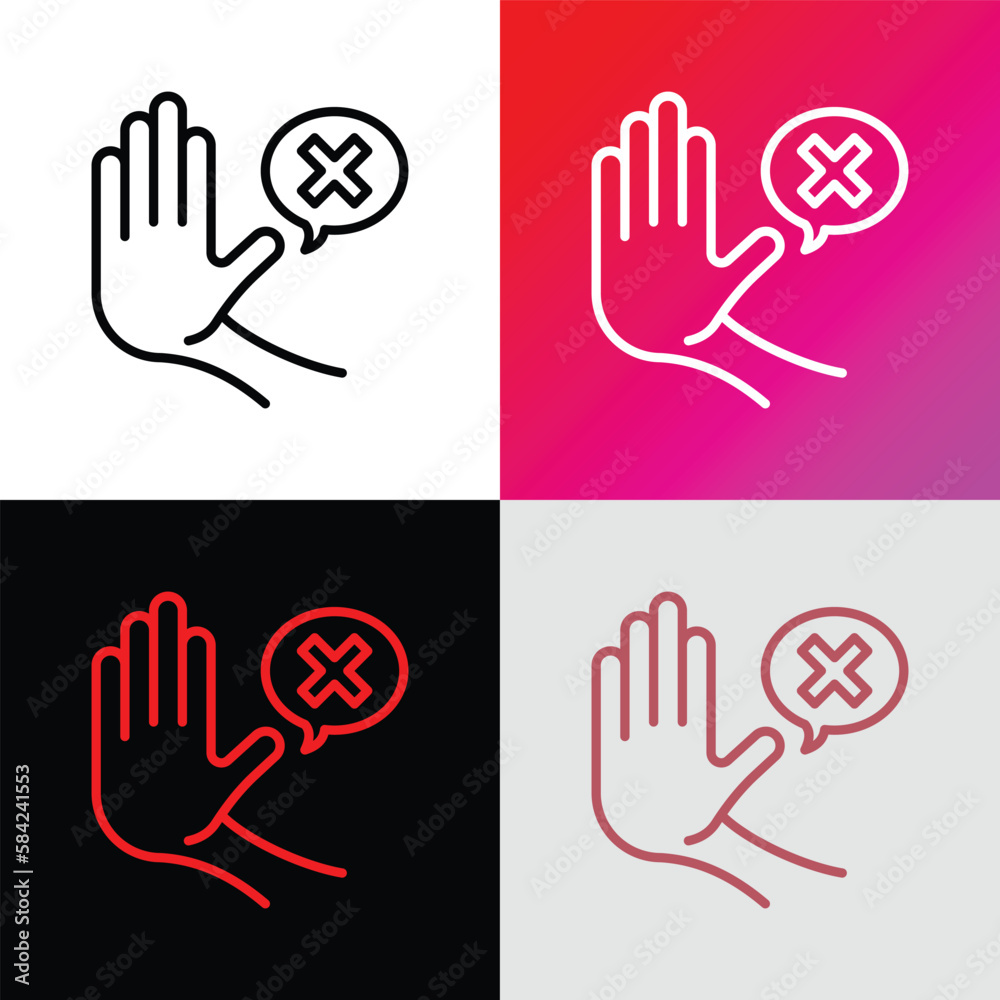 Vetor de Warning symbol. Stop hand gesture and speech bubble with cross ...